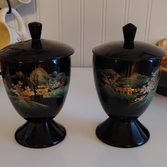Kitchen | Vintage Lacquerware Cups With Lids Beautiful Hand Painted ...